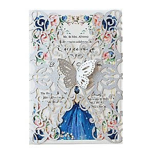 KUCHYNEE 20PCS 5.1x7.3 inch Silver Laser Cut Lace Flora Wedding Invitation Cards with Butterfly and Envelopes for Quinceañera Bridal Shower Wedding Invite (Silver Glitter)