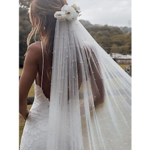 Unsutuo Pearl Bride Wedding Veil 1 Tier Cathedral Veil Fingertip Bridal Tulle Veil with Headpiece for Women and Girls (L:118",W:59", White)