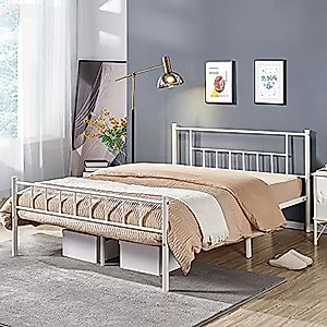 Yaheetech 13 inch Queen Size Metal Bed Frame with Headboard and Footboard Platform Bed Frame with Storage No Box Spring Needed Mattress Foundation for Adults White