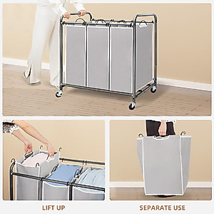STORAGE MANIAC 3 Section Laundry Sorter, 3 Bag Laundry Hamper Cart with Heavy Duty Rolling Lockable Wheels and Removable Bags, Laundry Organizer Laundry Basket Laundry Clothes Separator Hamper, Gray