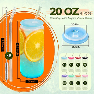 Joyclub 20 oz Glass Cups with Acrylic Lids and Straws 8pcs Can Shaped Glass Iced Coffee Cups with Lids, Drinking Jar Glasses Cute Tumbler Cup Great for Smoothie Soda Boba Tea Cocktail Beer Gift