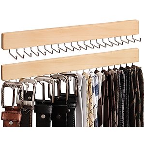 StorageWorks Tie Rack, Tie Holder Organizer with 20 Hooks, 2-Pack Necktie Organizers Hold Ties, Belts, Wall-Mounted Tie Holders for Closet, Wooden Belt and Tie Organizer for Men, Natural Wood Color