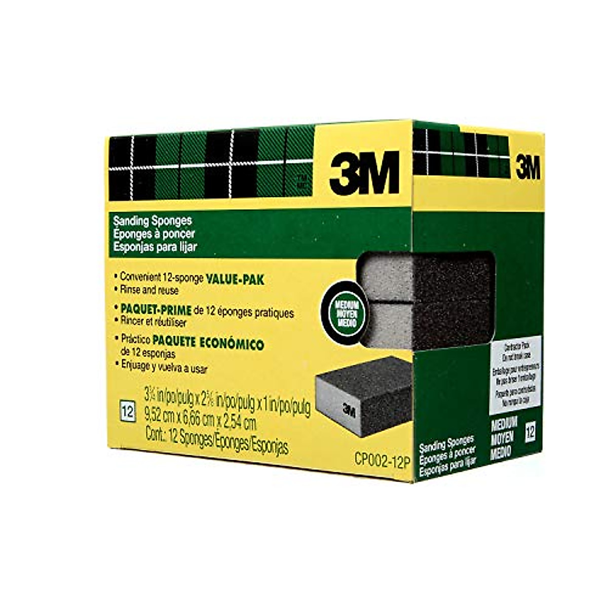 3M Sanding Sponge, 3 3/4 in x 2 5/8 in, Medium, 12-Pack