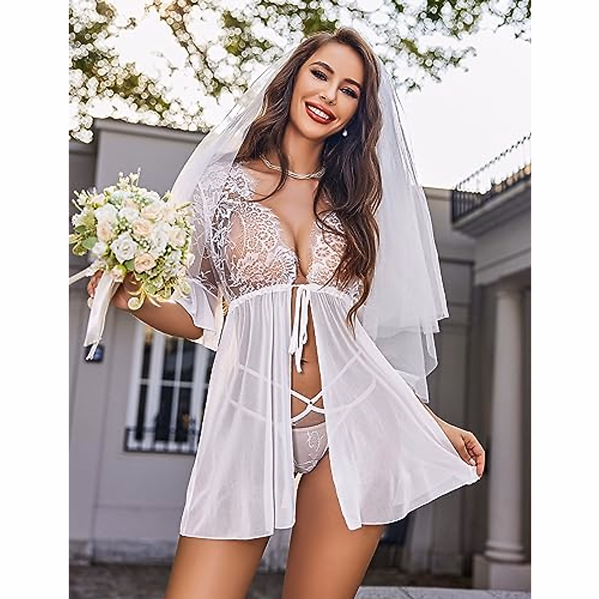 Avidlove womens lingerie robe Women Lingerie Open Front Babydoll Lace Chemise Sleepwear Sheer Mesh Robe Lace Lingerie Robe White M
