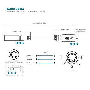 MOBOREST 6.35mm(1/4) TRS to 5-Pin DIN MIDI Cable Adapter Connect an Speaker