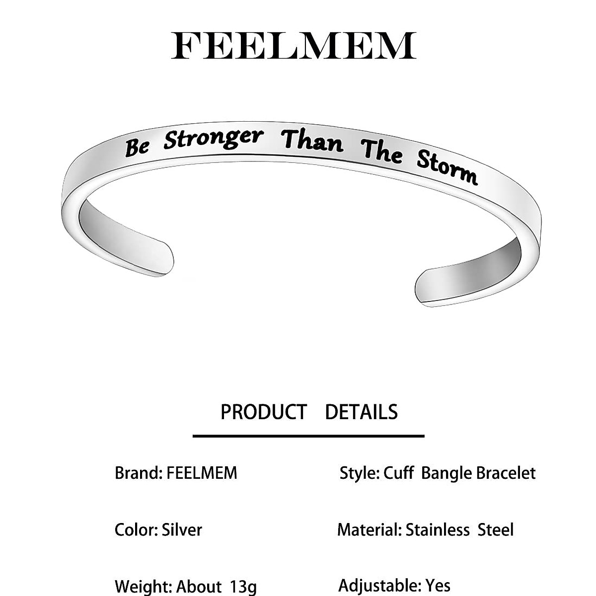 FEELMEM Encouragement Recovery Gifts Be Stronger Than the Storm Cuff Bangle Bracelet Cancer Survivor Awareness Gift Motivational Jewelry (Be Stronger-cuff)