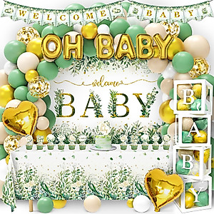 Sage Green Baby Shower Decoration, Neutral Baby Shower Party Supplies with Backdrop Balloon Garland Box Tablecloth for Gender Reveal Woodland Safari Party Decor