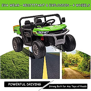 Sopbost 24V Ride On Toys for Big Kids 2 Seater Battery Powered Off-Road Kids UTV 4x75W Motors 4WD EVA Wheels Side by Side Electric Ride On Dump Truck with Electric Dump Bed, Shovel, Green