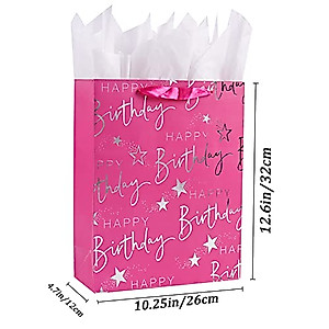 Elephant-package Paper Gift Bag Silver Metallic Happy Birthday Printed, Large Gift Bag for Kids Girls Birthday (12.6" Pink)