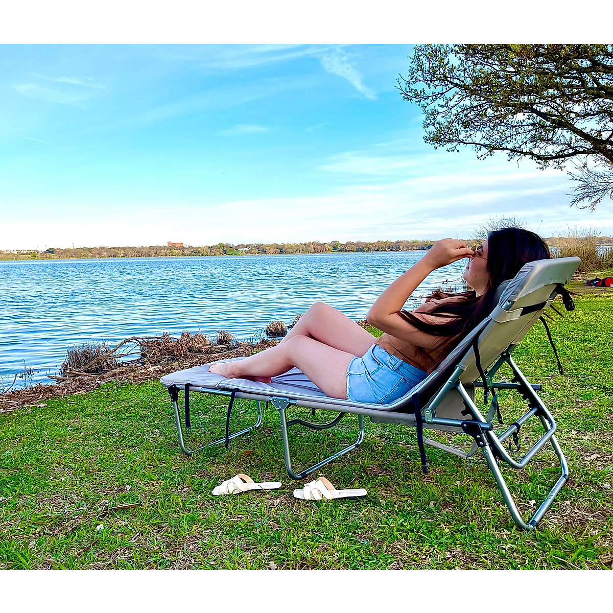 3 In 1 Women Comfy Tanning Chair with Mattress Face Hole, Heavy Duty Folding Chaise Lounge Chair with Pad Cushion 5 Position for Outside Sunbathing Reading Patio Beach Poolside Lawn Camping, 300 LBS