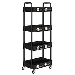 Laiensia 4-Tier Storage Cart,Multifunction Utility Rolling Cart Kitchen Storage Organizer,Mobile Shelving Unit Cart with Lockable Wheels for Bathroom,Laundry,Living Room,With Classified Stickers,Black