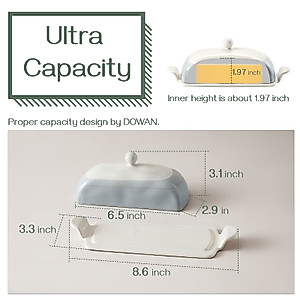 DOWAN Butter Dish, Ceramic Butter Keeper for Countertop, 8.6 inch Butter Holder with Handle Cover, for Home Kitchen Decor, Butter Container Perfect for East West Coast Butter, Light Blue & White