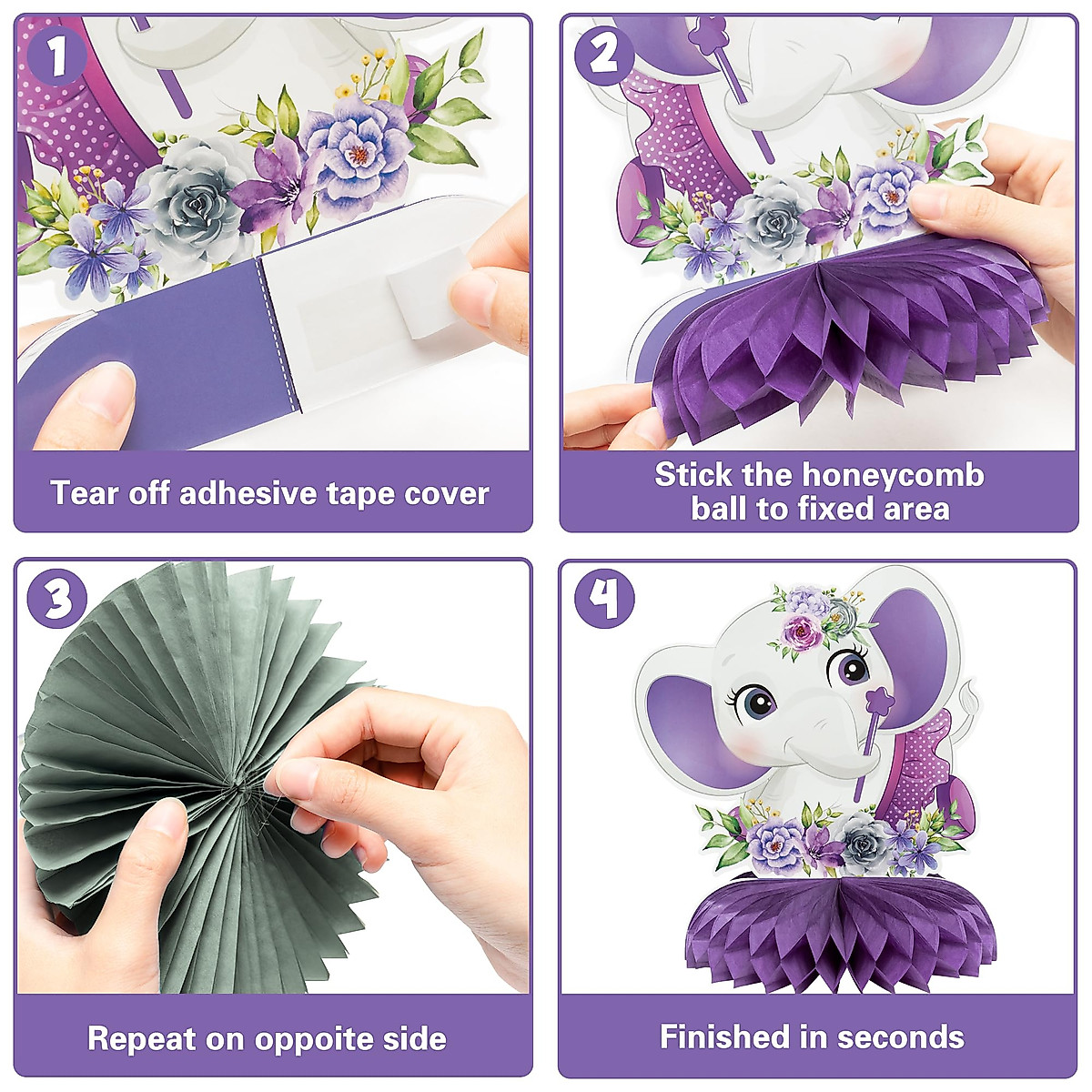 12Pcs Purple Floral Elephant Honeycomb Centerpieces It's a Girl Baby Shower Party Table Decorations Gender Reveal Little Peanut Cutout Welcome Baby Party Table Toppers Photo Props Decor for Baby Girls