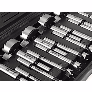 YONICO 41160S Forstner Drill Bit Set 16 Piece with Case 3/8-Inch Shank Hardwood and Softwood Hole Drilling for Handheld Drill and Drill Press