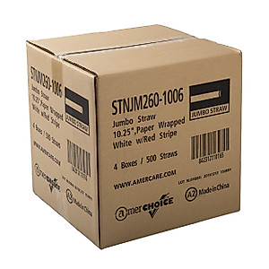 AmerCare 10.25 Inch Jumbo White with Red Stripes Paper Wrapped Straws, Case of 2000