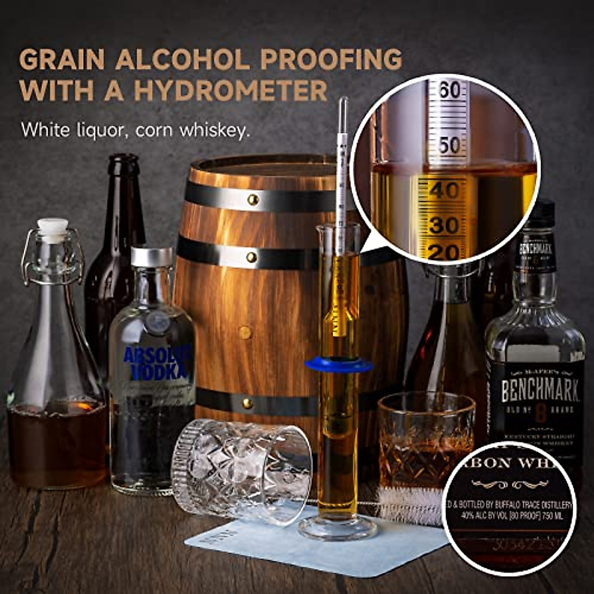 Hydrometer Alcohol Meter Test Kit, Distilled Alcohol 0-200 Proof & 0-100 Tralle with Hydrometer Test Glass Jar, Alcohol Proof Tester for Proofing Distilled Spirits & Moonshine Testing