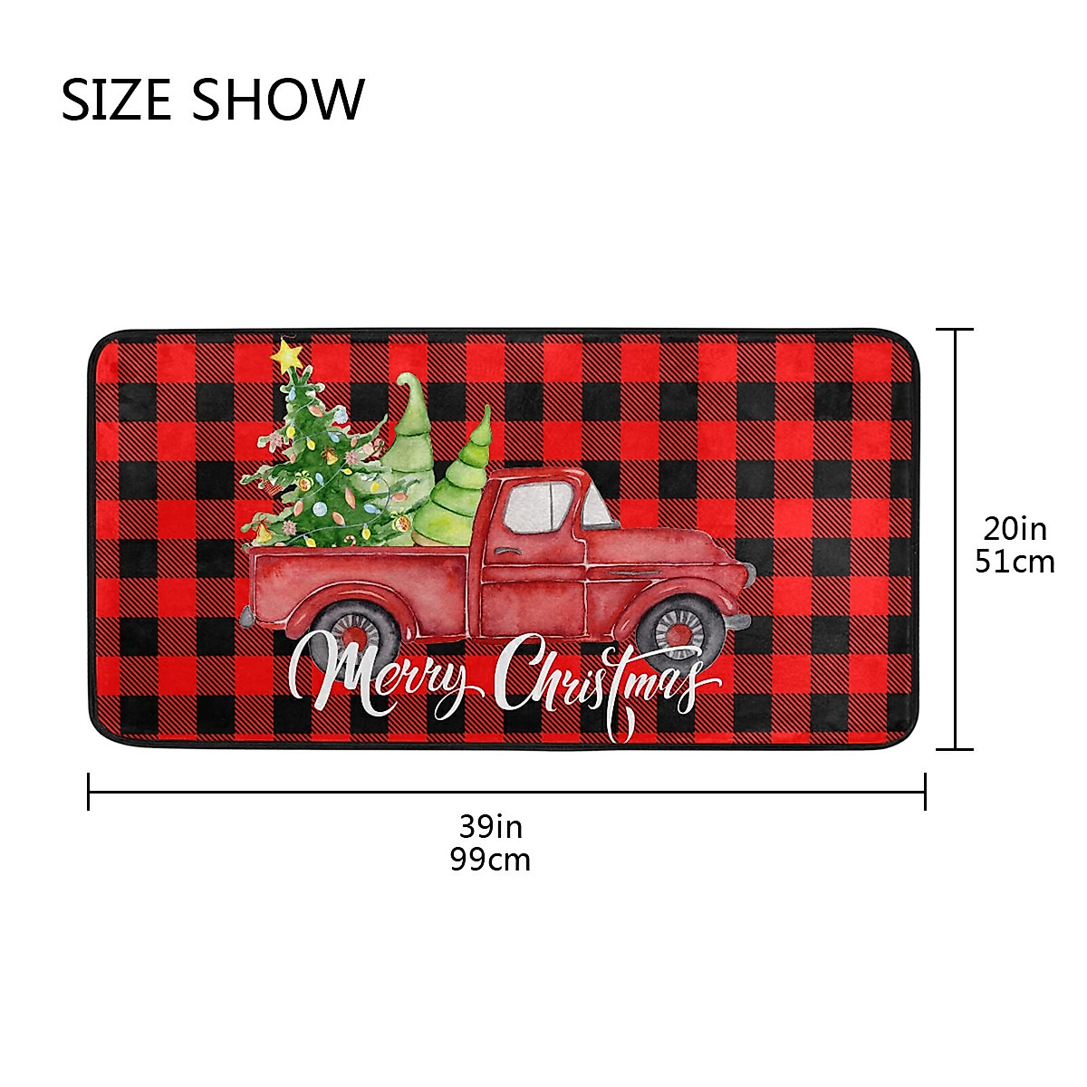 Christmas Tree Red Truck Kitchen Rugs Buffalo Check Plaid Winter Bath Rug Indoor Outdoor Doormat Runner Comfort Mat Non-Slip Carpet for Bathroom 39" X 20"