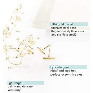 Altitude Boutique 18K Gold Plated Skinny Wire Midi Balance Bar Stud Earrings Hypoallergenic Long Bar Earrings in Gold, Rose Gold, or Silver | Delicate Jewelry (Gold, 10mm)