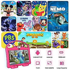 Kids Tablet, 7 inch Tablet for Kids 4GB RAM 64GB ROM, Android 12 Toddler Tablet with Bluetooth, WiFi, Parental Control, Dual Camera, Shockproof Case, YouTube Netflix, Children Tablet for Toddlers