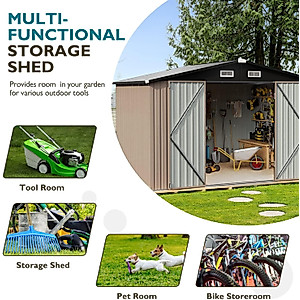 Breezestival Outdoor Storage Shed 7.6x9.7 FT, Utility Steel Tool Shed with Lockable Air Vents and Door, Galvanized Metal Shed for Backyard, Garden, Patio and Lawn (Brown)