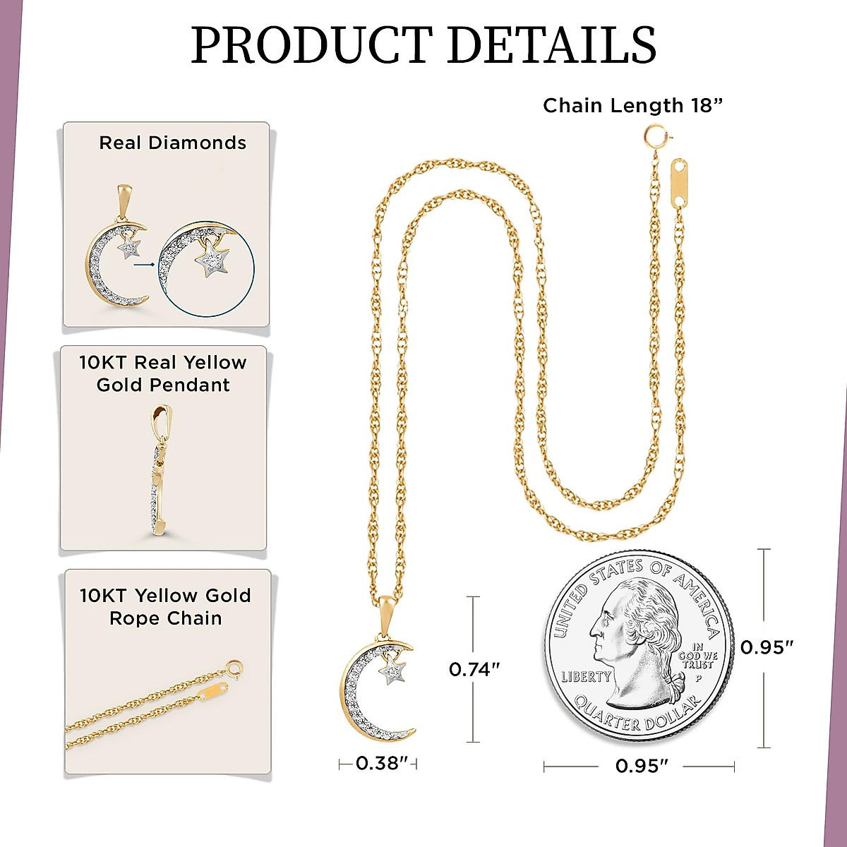 Jewelili 10k Yellow Gold Moon Star Pendant Necklace with Natural White Round Diamonds, 1/10 Cttw, 18" Gold Filled Rope Chain