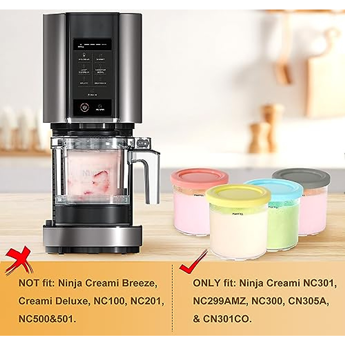 4 Pack Ice Cream Containers Compatible with Ninja Creami NC299AMZ NC300 & NC301 Series Ice Cream Maker, Replacement Pints Containers and Lids, BPA-Free & Dishwasher Safe, Grey/Blue/Pink/Yellow