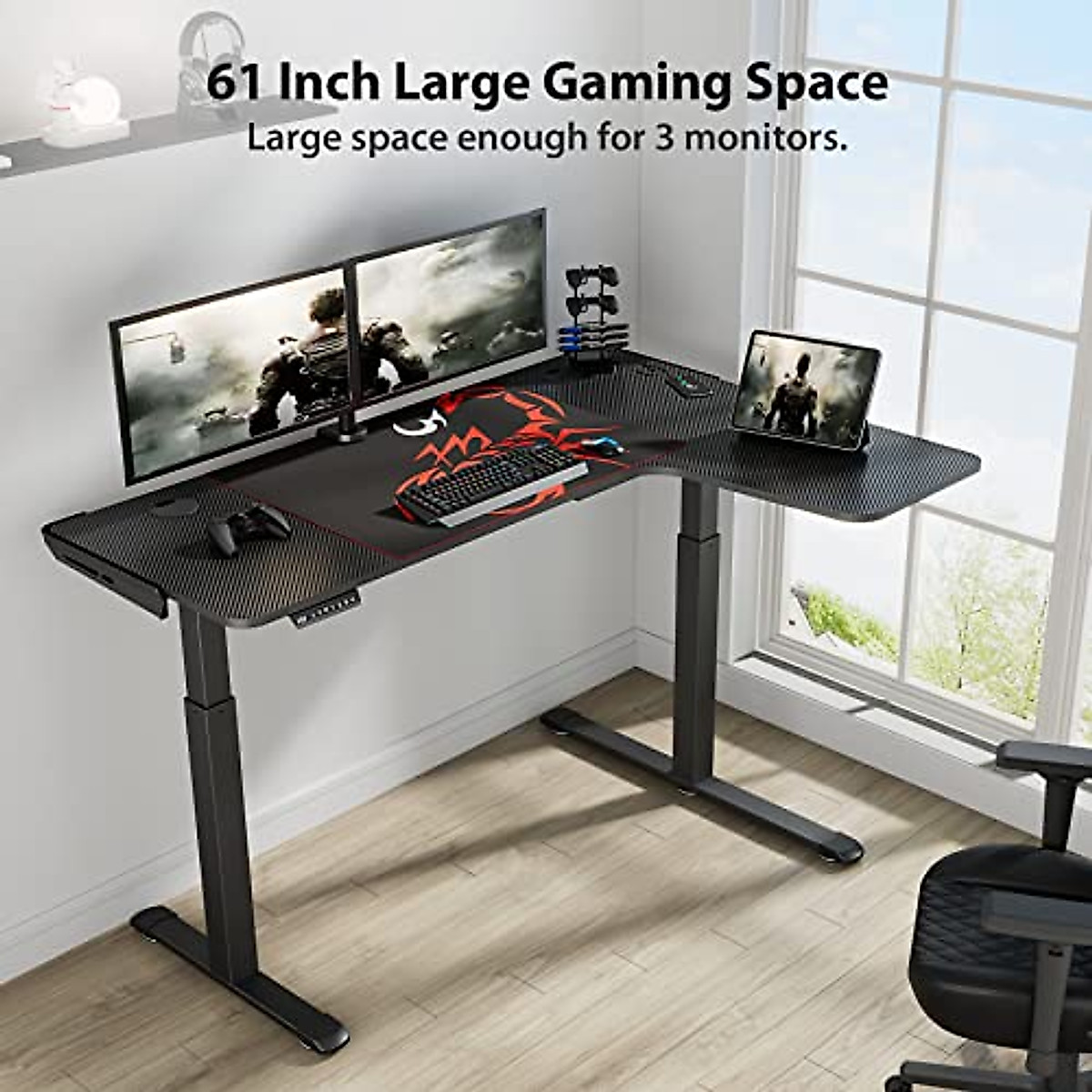 DESIGNA 61 Inches L Shaped Standing Desk, Electric Height Adjustable Dual Motor Sit Stand Up Home Office Corner Computer Gaming Table Large Modern Workstation with 4 Memory Presets, Black, Right Side