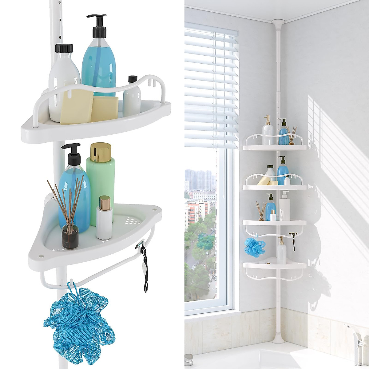 MIYA Adjustable Shower Caddy Corner Tension Pole, 4.5-9.5 FT Standing Corner Shower Organizer, 4-Tier Bathroom Storage Shelf for Inside Shower, Rustproof White Bathtub Caddies with Hooks, Drill Free