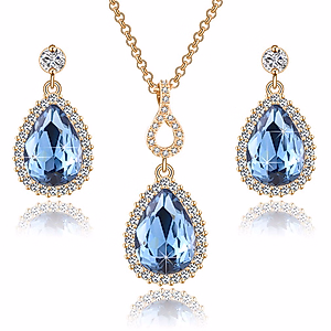 EVEVIC Austrian Crystals Teardrop Pendant Necklace Earrings for Women 14K Gold Plated Hypoallergenic Jewelry Set (Dark Blue)