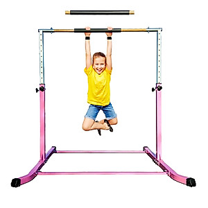 Athletic Bar Expandable Gymnastics Kip Bar Set with Balance Beam, 6'x4' Mat for Kids, Horizontal Bar Junior Gymnastic Training Exercise Gymnast Home Gym Adjustable 3 to 5 FT Fiberglass Rail (Pink)