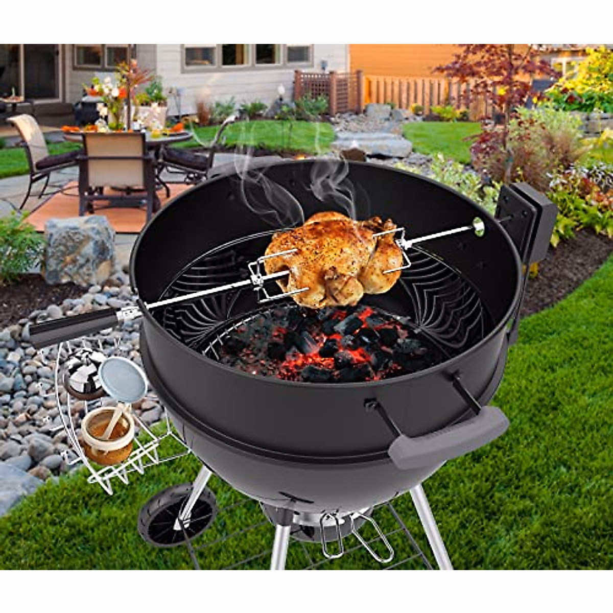 Kettle Grill Rotisserie Kit for 22-Inch Kettle Charcoal Grills as Weber/Napoleon/Kingsford, Black Powder Coated Steel Universal Kettle Grill Accessory w/Rotisserie Ring, Tool Holder, Meat Forks