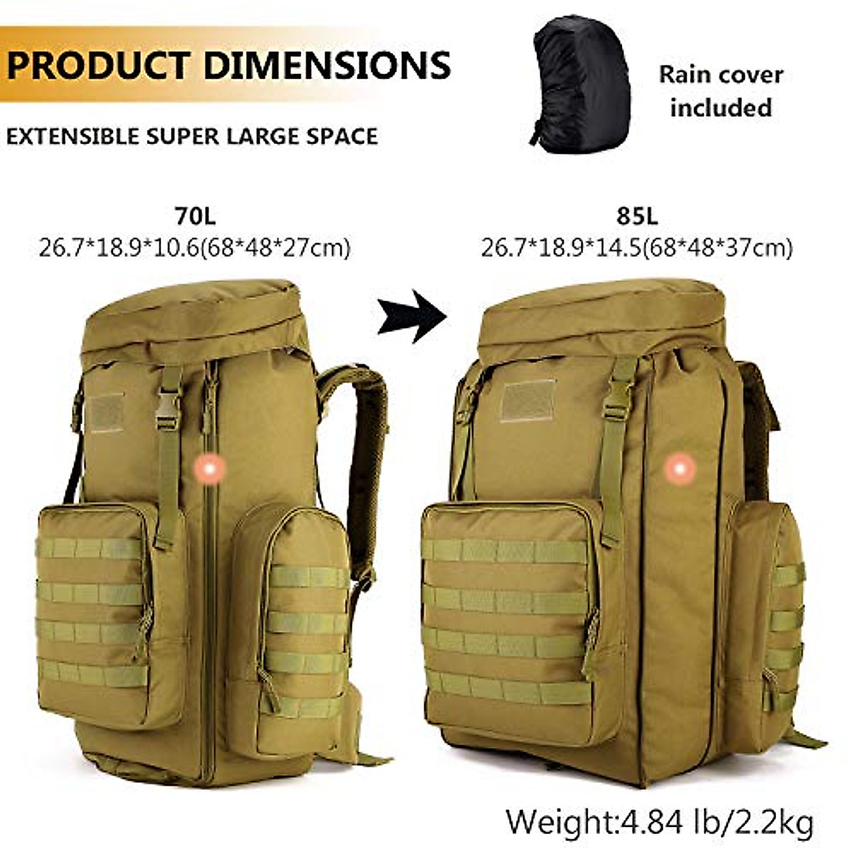 Protector Plus Tactical Hiking Daypack 70-85L Military MOLLE Assault Backpack Army Traveling Camping Pack Bug Out Bag Outdoor Rucksack (Rain Cover & Patch Included),Brown