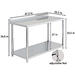 GGW Stainless Steel Table for Prep & Work 48 x 25, Heavy Duty Commercial Work Table with Undershelf and Backsplash, Metal Prep Table for Outdoor, Indoor, Commercial Restaurant, Kitchen, Cafe, Hotel