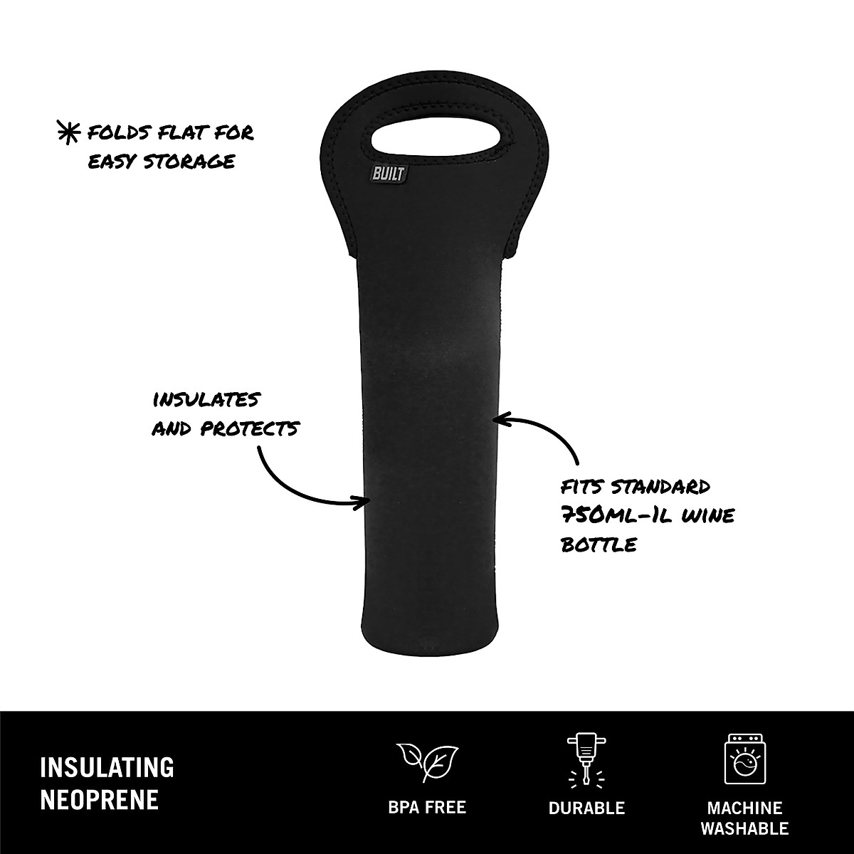 BUILT 1-Bottle Stain Resistant Neoprene Wine/Water Bottle Carry Tote, Black