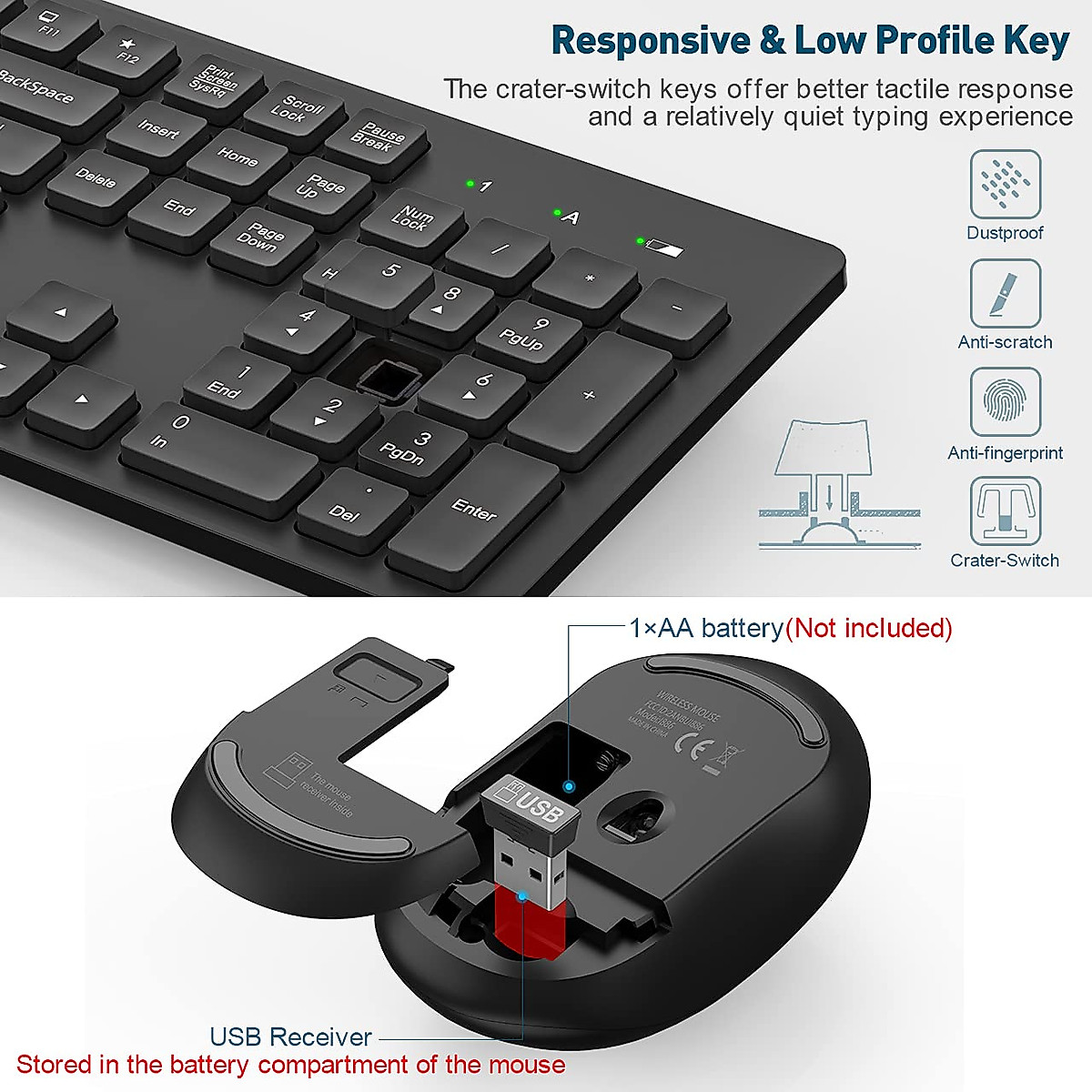RATEL Wireless Keyboard Mouse Combo, 2.4GHz Slim Full-Sized Silent Wireless Keyboard and Mouse Combo with USB Nano Receiver for Laptop, PC (Black)