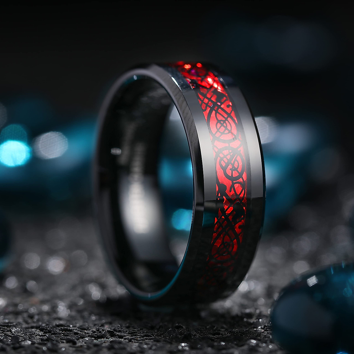 King Will Men's 8mm Red Carbon Fiber Black Celtic Dragon Tungsten Carbide Ring Comfort Fit Wedding Band (10)