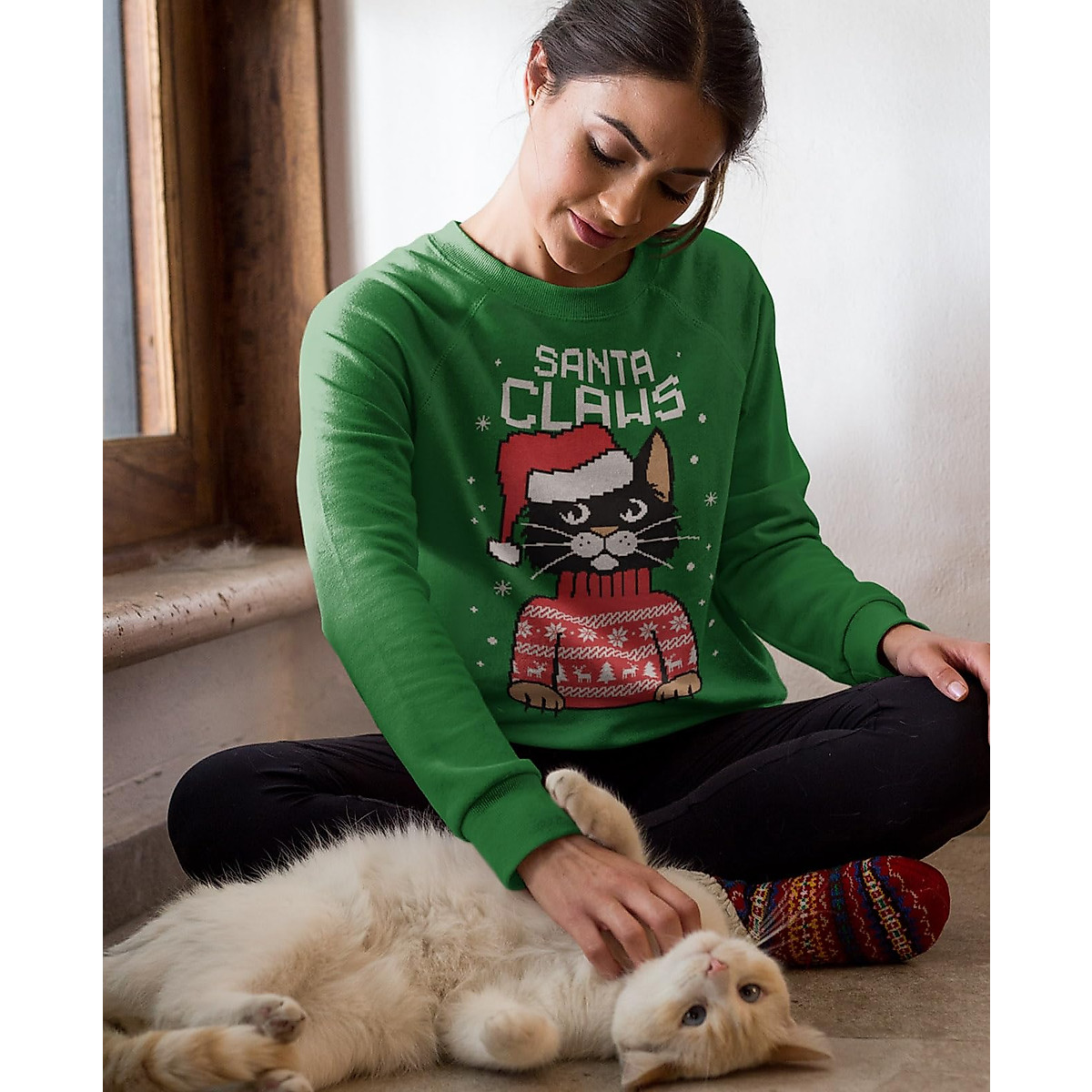Tstars Santa Claws Sweatshirt Women Teen Girls Cat Ugly Christmas Sweater Style X-Large Green