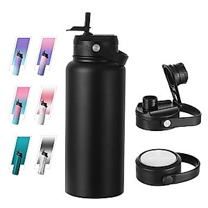 BLUEGO 32oz Insulated Stainless Steel Water Bottle with Straw and 3 Lids -Straw-Spout-Handle Lids,Vacuum Wide Mouth Reusable Metal Water Bottles, Keeps Hot and Cold Leak-Proof Sports Flask-Black