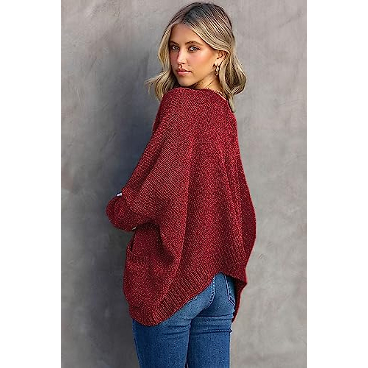 Sidefeel Fall Sweaters for Women 2023 Long Sleeve V Neck Button Bown Open Front Casual Oversized Chunky Knit Pullover Sweaters Medium Burgundy
