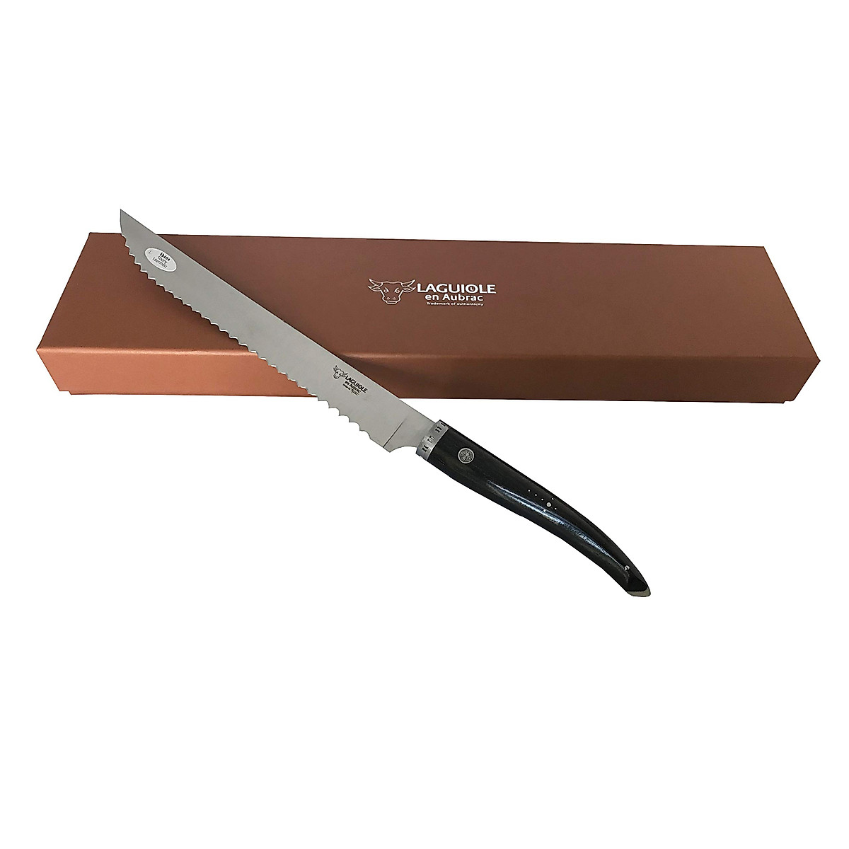 Laguiole en Aubrac Cuisine Gourmet Stainless Fully Forged Steel Made In France Bread Serrated Knife With Ebony Wood Handle, 9-in / 25cm