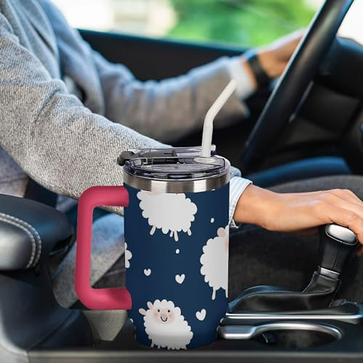 Cute Sheep Pattern 40oz Water Bottle Double Wall Insulated Tumbler with Handle Leakproof Travel Mug Light Rose Red-style