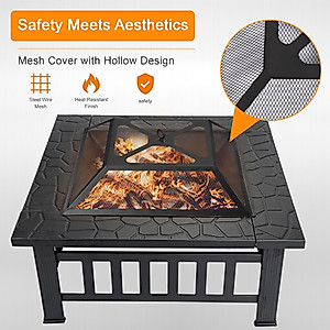 F2C 32 inch Outdoor Fire Pit Square Fireplace Metal Wood Burning Stove w/Waterproof Cover Poker, Patio Backyard Travel Camping BBQ Wood Burning