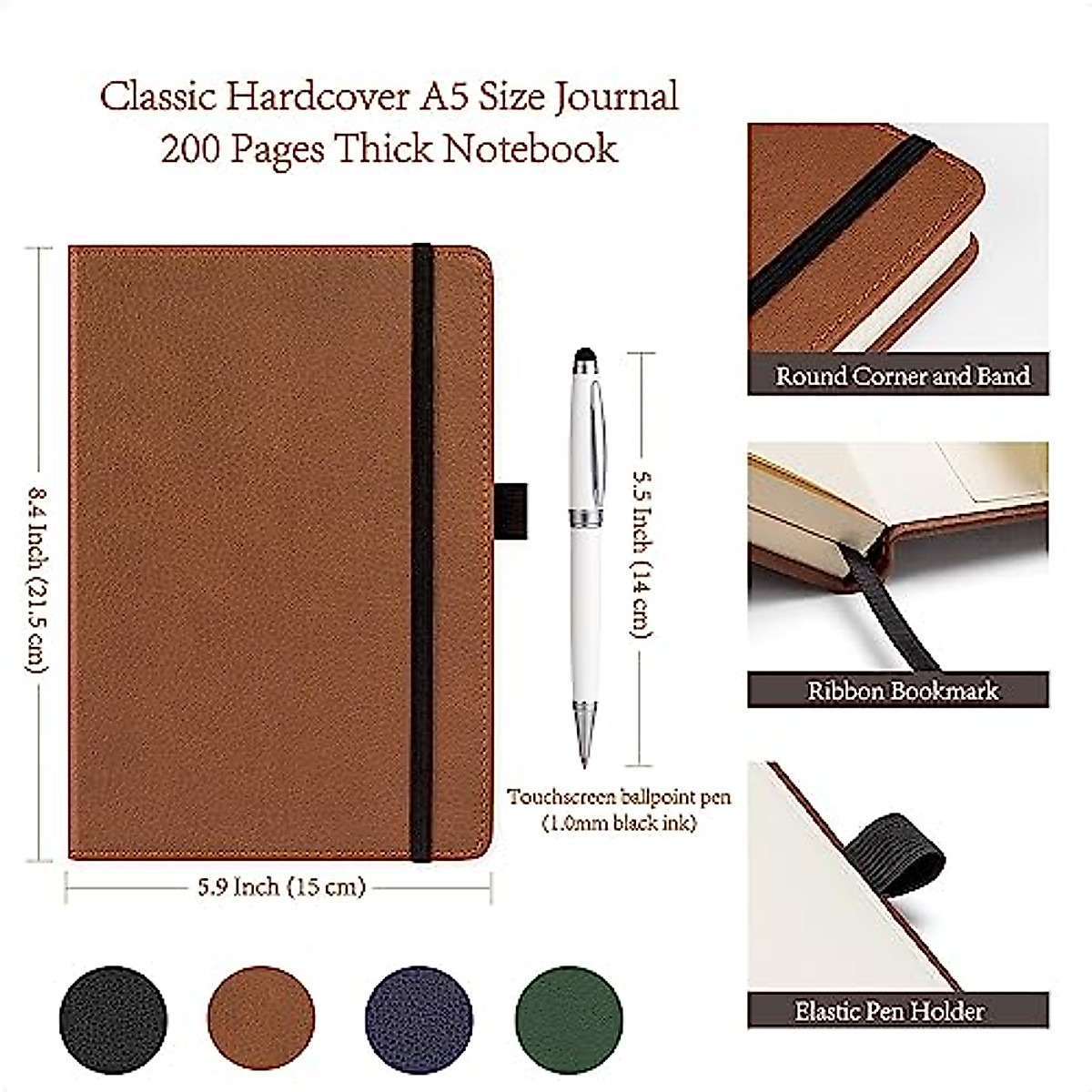 Pejovo A5 Lined Leather Journal Notebook With Pen, (Autumn Brown), 200 Pages, Medium 5.9×8.4 inches - 120 gsm Thick Paper, Sturdy Hardcover Journal for Men Women Writing, Daily Diary and Note Taking