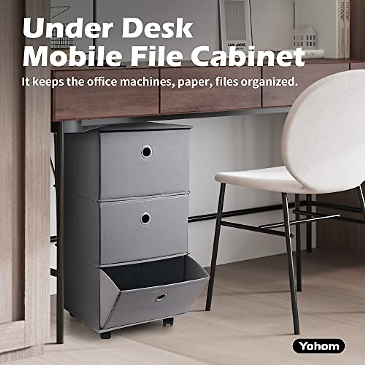 YOHOM Rolling Storage Cart with Fabric Drawers, Under Desk Filing Bin 3 Drawer Home Office Organizer Multi-Functional Storage for Bedroom, Living Room Books Magazines Toys Clothes (Thin, Gray)