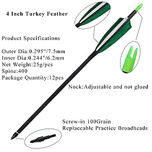 Huntingdoor Pure Carbon Arrows 31inch 400spine Archery Arrows Feather Fletching Screw-in Field Points Targeting Arrows for Compound Bow Recurve Bow 6/12 Pack