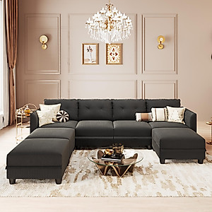 LLappuil Modular Sectional Sofa with Storage U Shaped Couch with Reversible Chaise Luxury Velvet Sofas for Living Room 4 Seats with 3 Ottomans Denim Black Grey