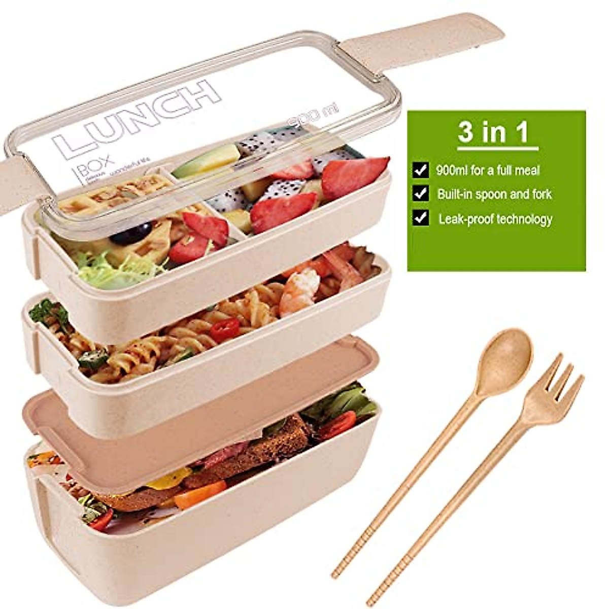 Iteryn Bento Adults Lunch Box, Stackable Bento Box, 3-In-1 Compartment - Wheat Straw, Leakproof Eco-Friendly Bento Lunch Box Meal Prep Containers