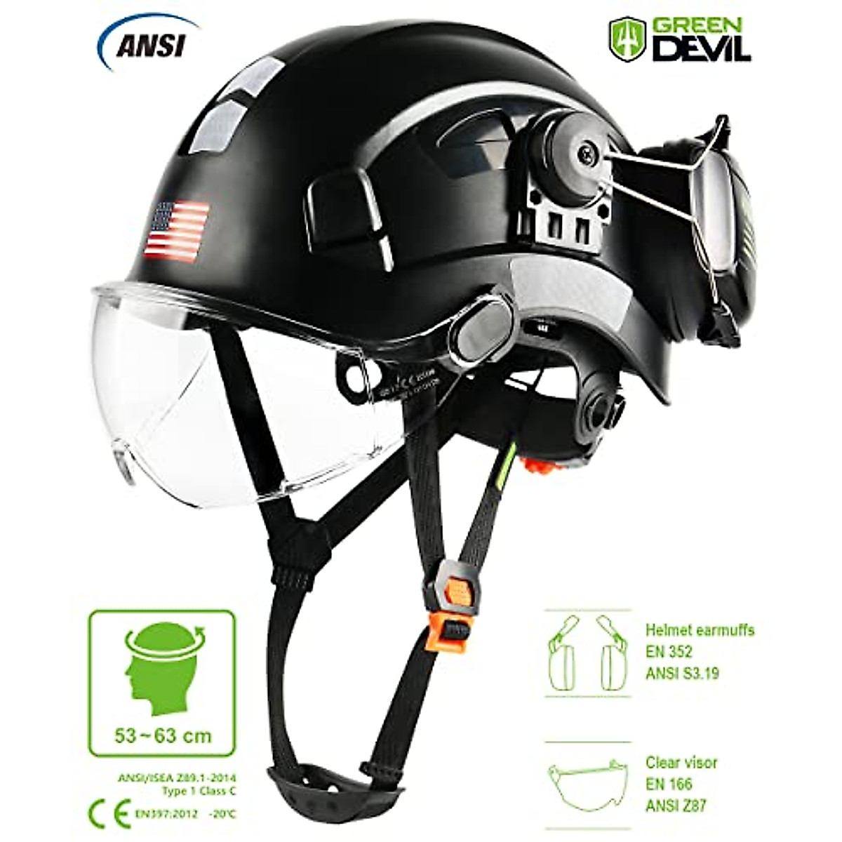 Safety Helmet Hard Hat with Visor and Ear Protection Adjustable Lightweight Vented ABS Work Helmet for Men and Women 6-Point Suspension ANSI Z89.1 Approved Ideal for Industrial & Construction