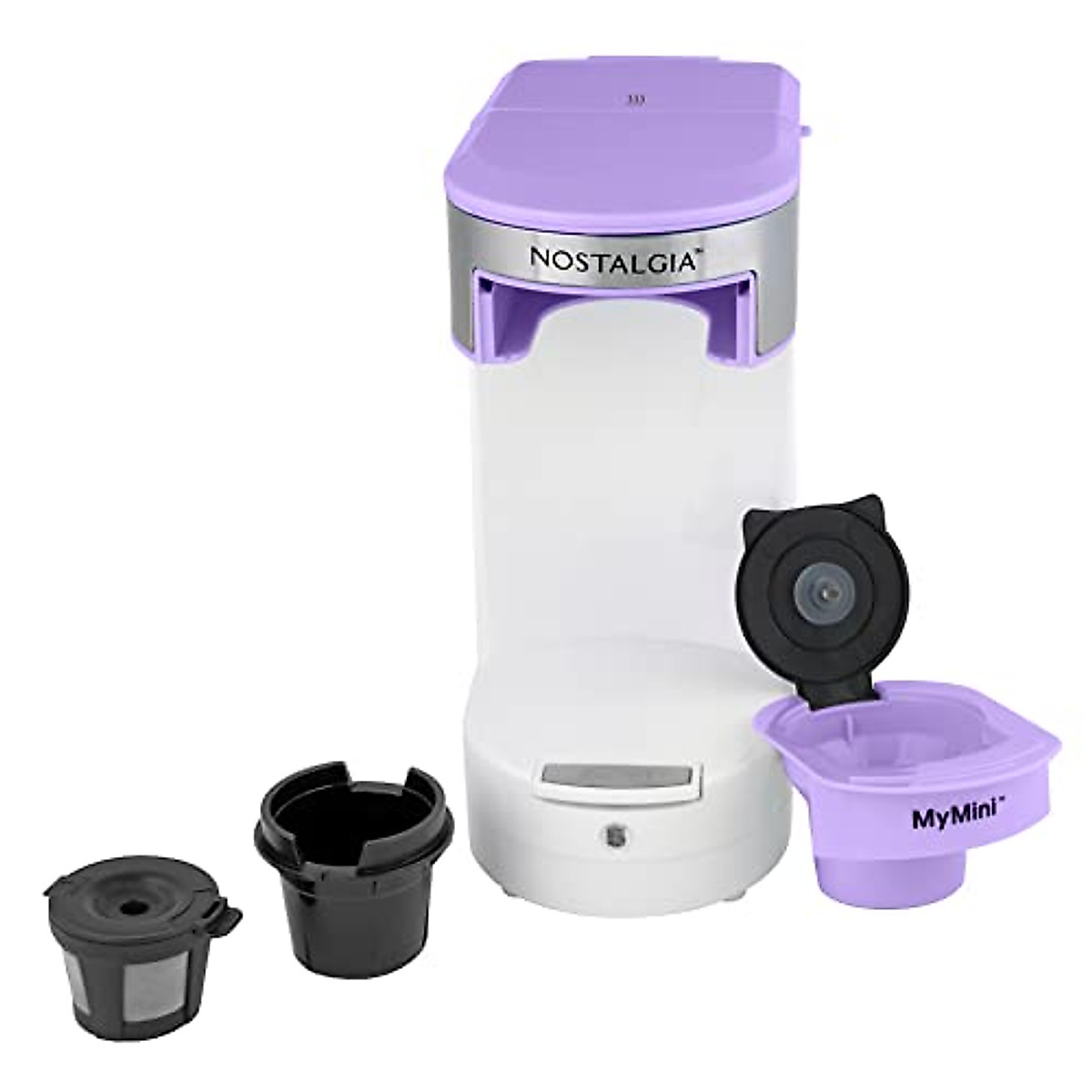 Nostalgia MyMini Single Coffee Maker, Brews K-Cup & Other Pods, Serves up to 14 Ounces, Tea, Chocolate, Hot Cider, Lattes, Reusable Filter Basket Included, Lavender