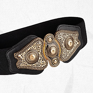 Womens Stretch Elastic Waist Wide Belt Black with Fashion Western Retro Buckle